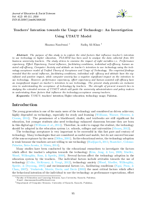 (PDF) Teachers' Intention towards the Usage of Technology: An Investigation Using UTAUT Model