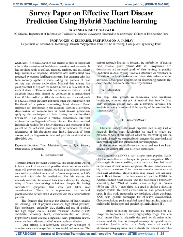 (PDF) Survey Paper on Effective Heart Disease Prediction Using Hybrid Machine learning