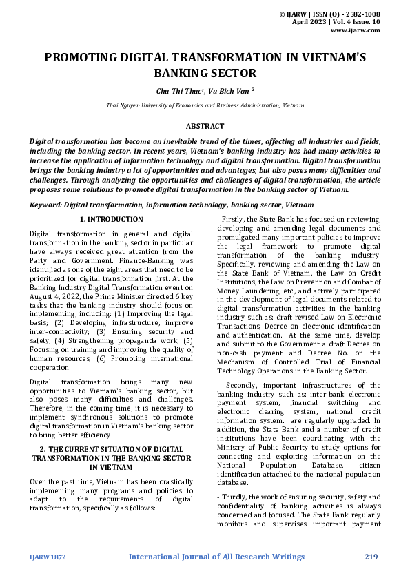 (PDF) PROMOTING DIGITAL TRANSFORMATION IN VIETNAM'S BANKING SECTOR
