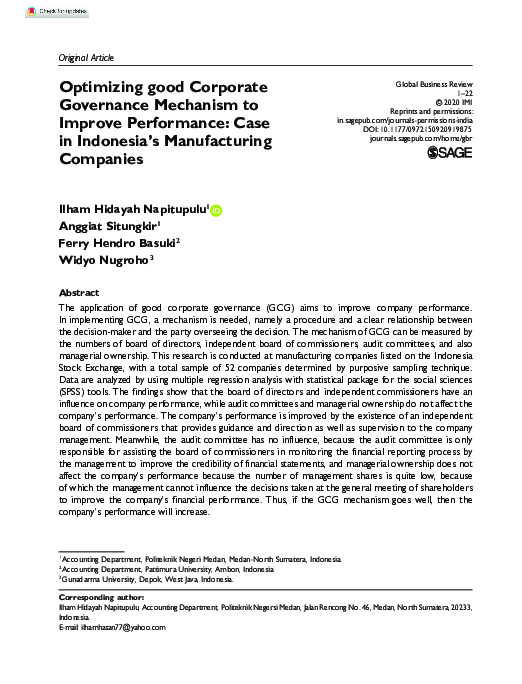 (PDF) Optimizing good Corporate Governance Mechanism to Improve Performance: Case in Indonesia’s ...