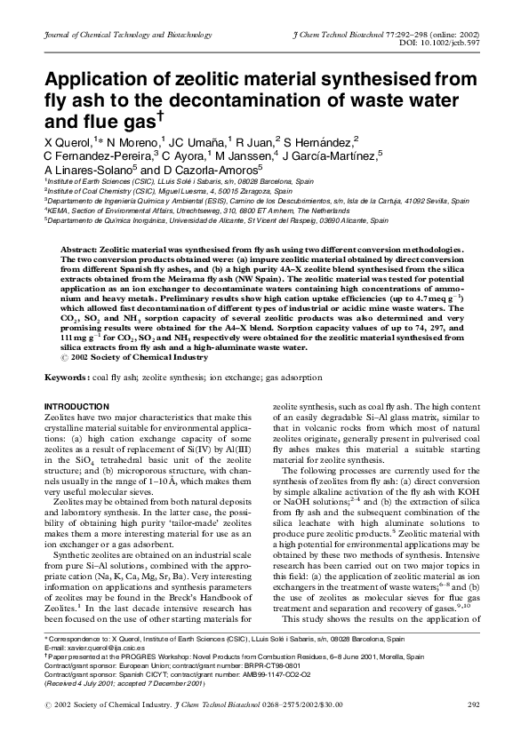 (PDF) Application of zeolitic material synthesised from fly ash to the ...