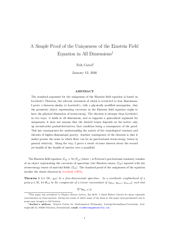 (PDF) A Simple Proof of the Uniqueness of the Einstein Field Equation ...