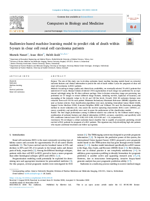 (PDF) Radiomics-based machine learning model to predict risk of death within 5-years in clear ...