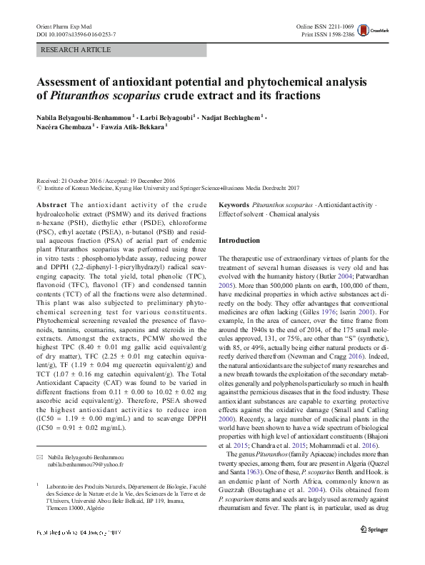 (PDF) Assessment of antioxidant potential and phytochemical analysis of Pituranthos scoparius ...