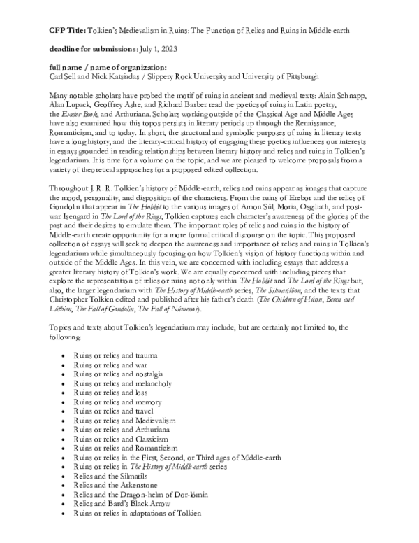 (PDF) CFP Title: Tolkien's Medievalism in Ruins: The Function of Relics ...