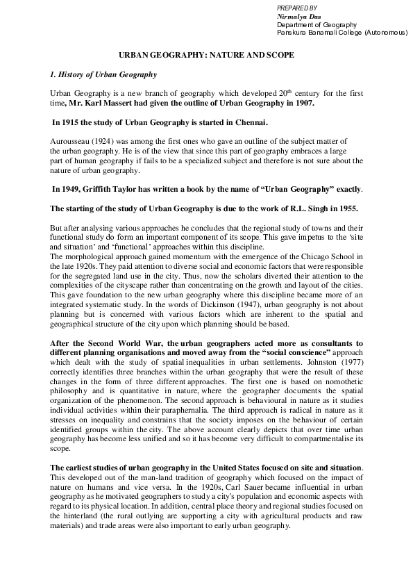 (PDF) URBAN GEOGRAPHY: NATURE AND SCOPE