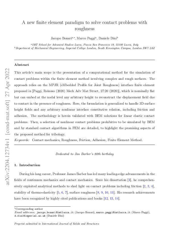 (PDF) A new finite element paradigm to solve contact problems with roughness | Jacopo Bonari ...