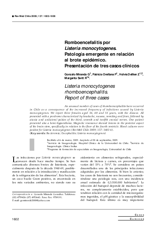 (PDF) Romboencefalitis por Listeria monocytogenes: Caso clínico