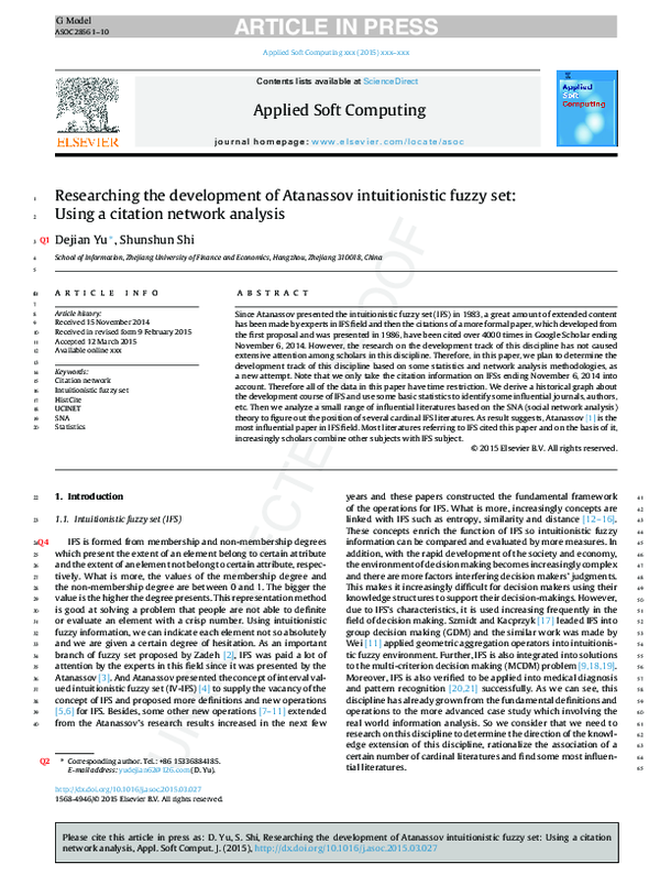 (PDF) Researching the development of Atanassov intuitionistic fuzzy set: Using a citation ...