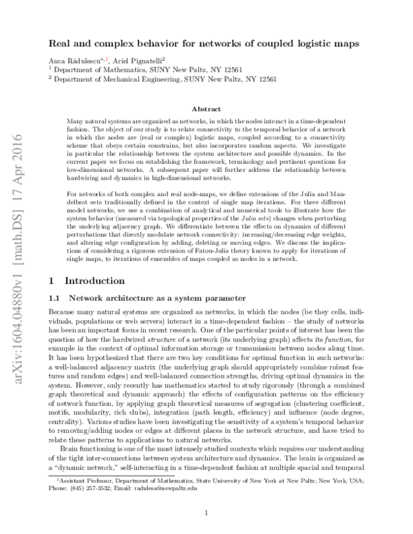 (PDF) Real and complex behavior for networks of coupled logistic maps