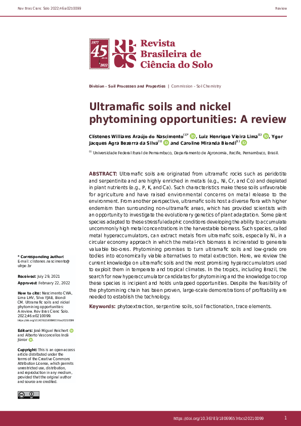 (PDF) Ultramafic soils and nickel phytomining opportunities: A review