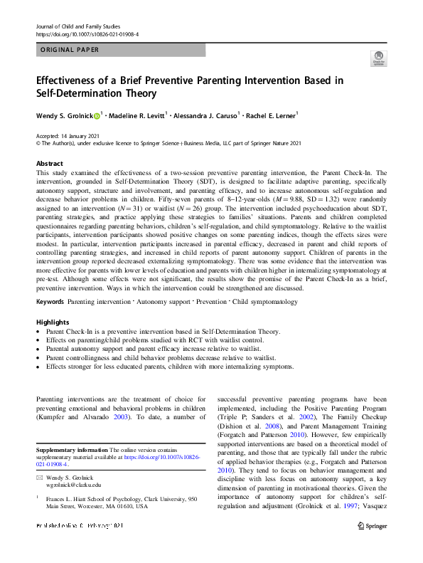 (PDF) Effectiveness of a Brief Preventive Parenting Intervention Based in Self-Determination Theory