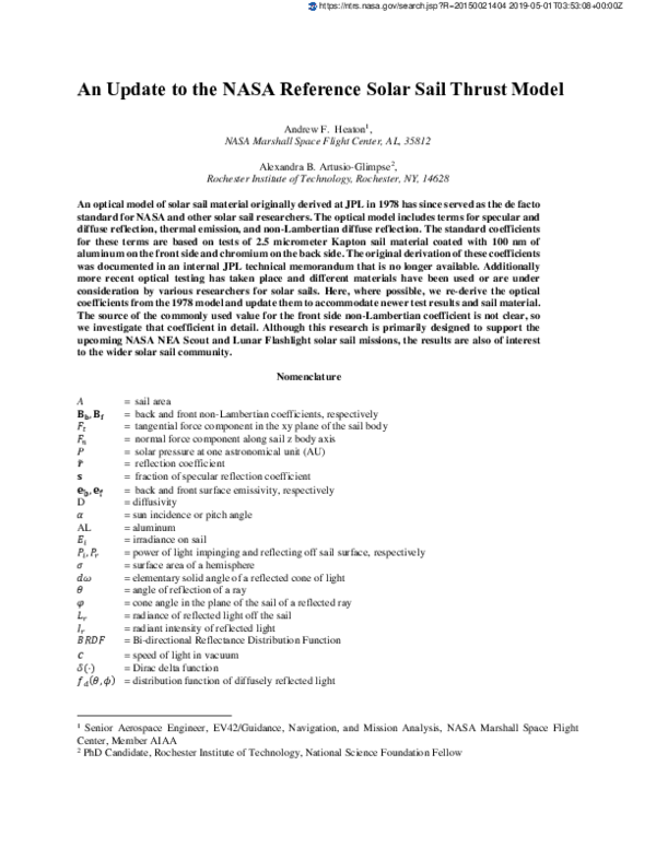 (PDF) An Update to the NASA Reference Solar Sail Thrust Model