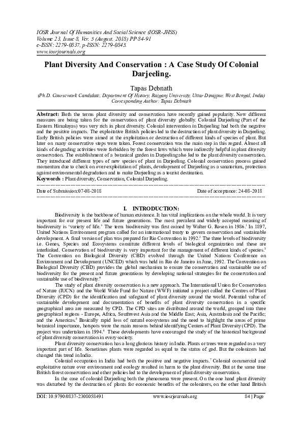 (PDF) Plant Diversity And Conservation : A Case Study Of Colonial ...