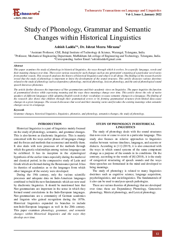 (PDF) Study of Phonology, Grammar and Semantic Changes within Historical Linguistics