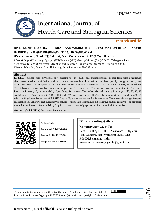 Pdf Rp Hplc Method Development And Validation For Estimation Of Saquinavir In Pure Form And