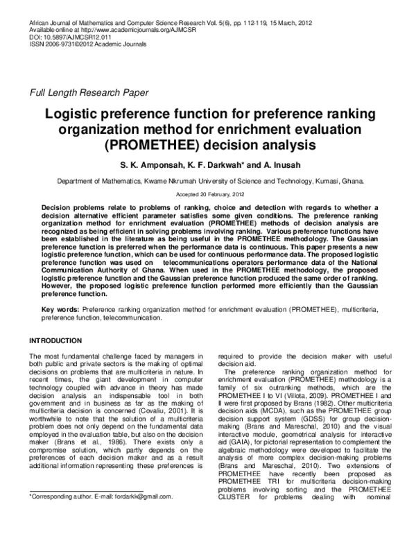 (PDF) Logistic preference function for preference ranking organization method for enrichment ...