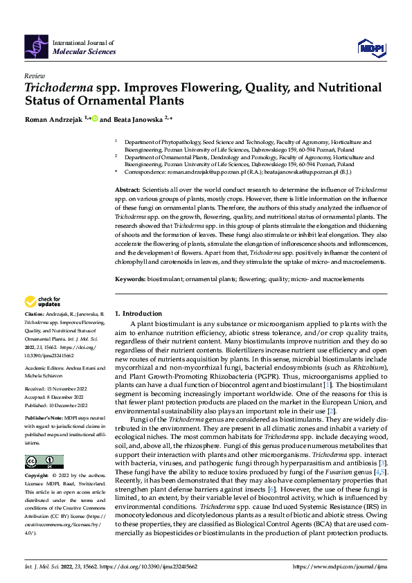 (PDF) Trichoderma spp. Improves Flowering, Quality, and Nutritional Status of Ornamental Plants