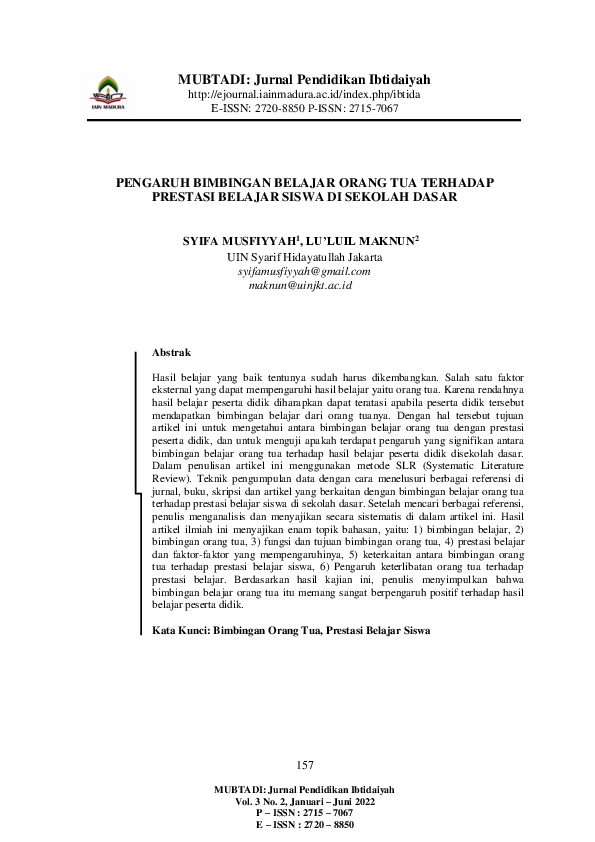 (PDF) Pengaruh Bimbingan Belajar Orang Tua Terhadap Prestasi Belajar Siswa DI Sekolah Dasar