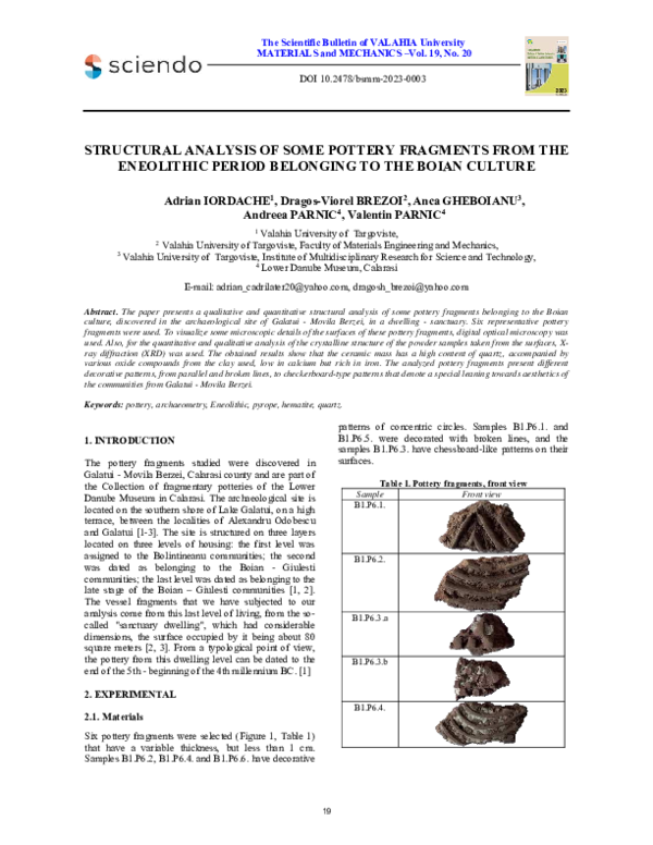 (PDF) STRUCTURAL ANALYSIS OF SOME POTTERY FRAGMENTS FROM THE ENEOLITHIC ...