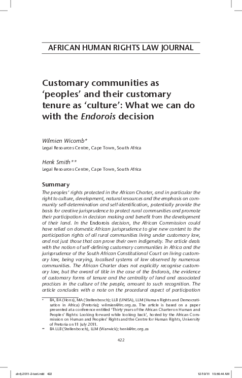 (PDF) Customary communities as 'peoples' and their customary tenure as ...