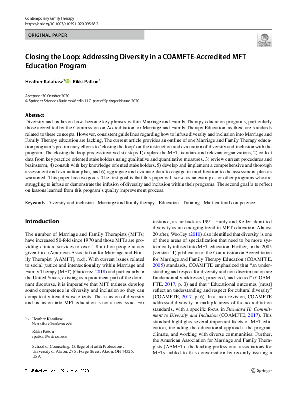(PDF) Closing the Loop: Addressing Diversity in a COAMFTE-Accredited ...