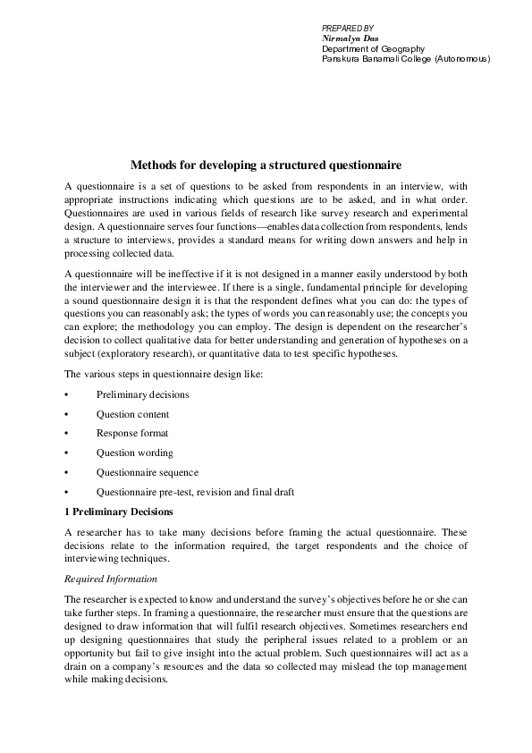 (PDF) Methods for Developing a Structured Questionnaire
