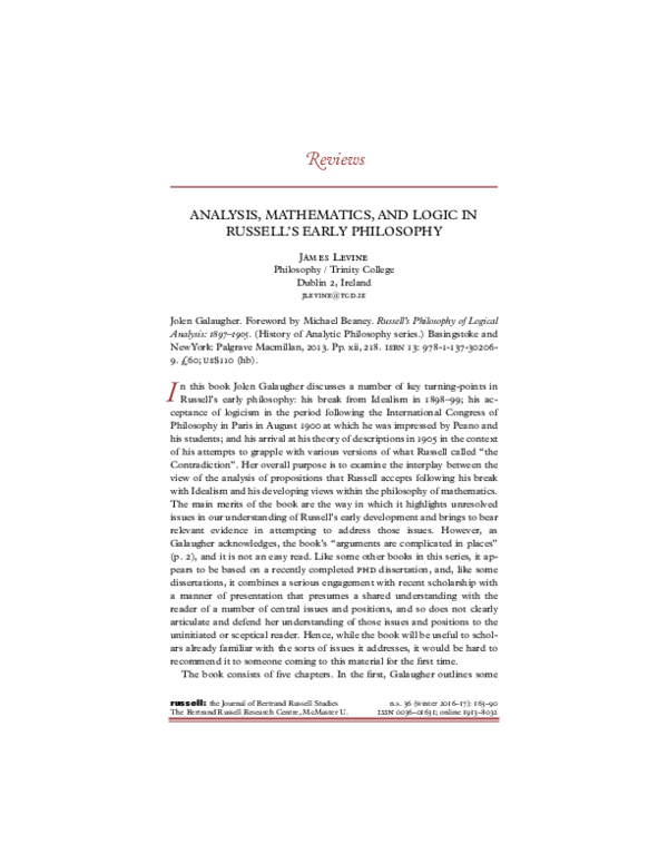 (PDF) Analysis, Mathematics, and Logic in Russell's Early Philosophy [review of Jolen Galaugher ...