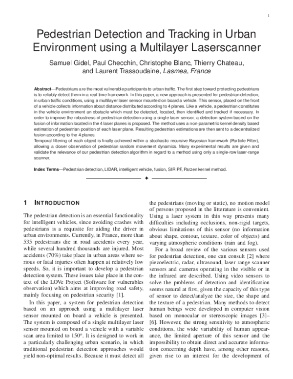 (PDF) Pedestrian Detection and Tracking in an Urban Environment Using a Multilayer Laser Scanner