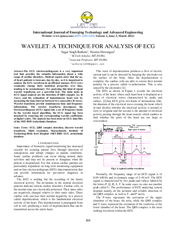 Pdf Wavelet A Technique For Analysis Of Ecg
