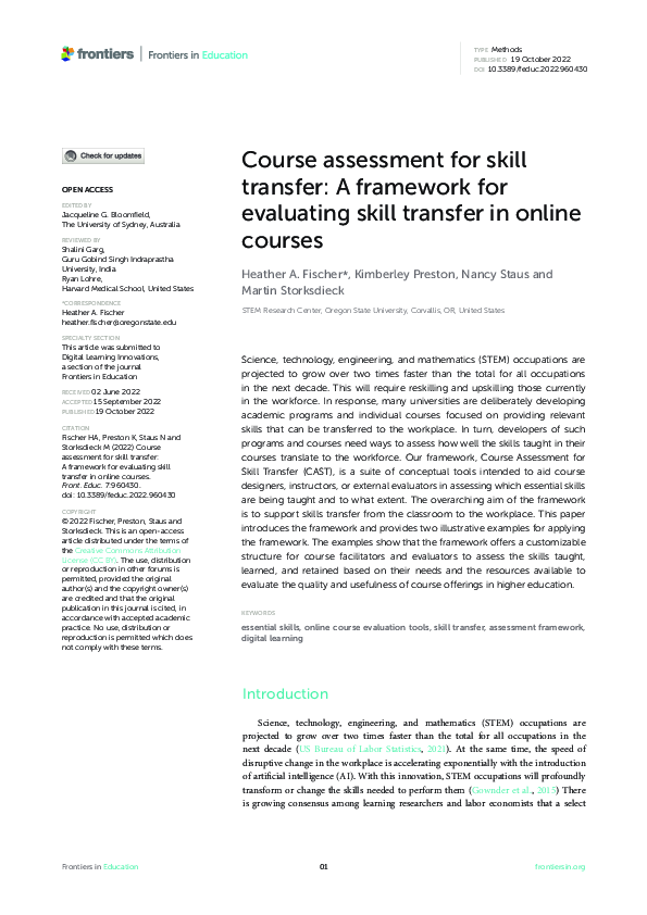(PDF) Course assessment for skill transfer: A framework for evaluating ...