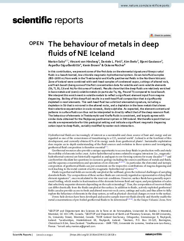 (PDF) The behaviour of metals in deep fluids of NE Iceland