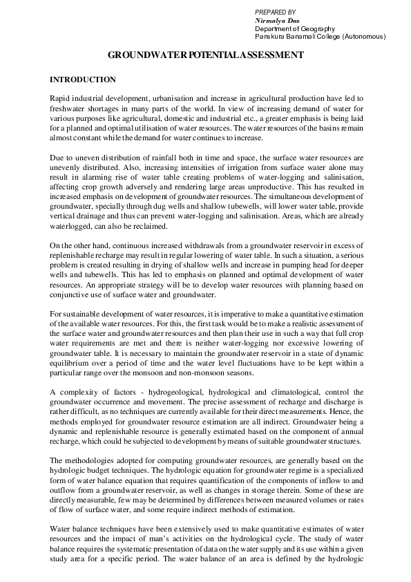 (PDF) GROUNDWATER POTENTIAL ASSESSMENT