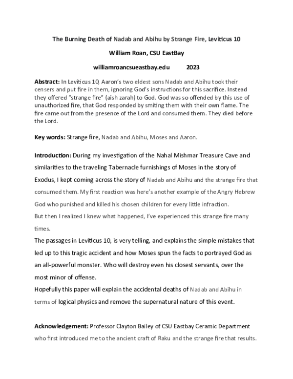 (DOC) The Burning Death of Nadab and Abihu by Strange Fire, Leviticus 10
