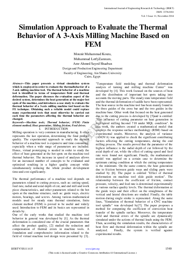 (PDF) Simulation Approach to Evaluate the Thermal Behavior of A 3-Axis Milling Machine Based on FEM