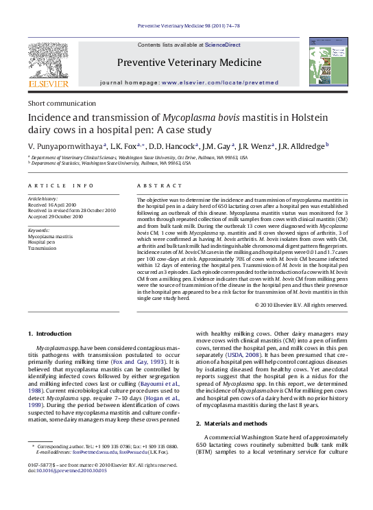 (PDF) Incidence and transmission of Mycoplasma bovis mastitis in ...