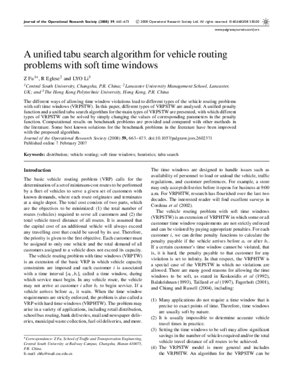 Pdf A Unified Tabu Search Algorithm For Vehicle Routing Problems With Soft Time Windows 0113