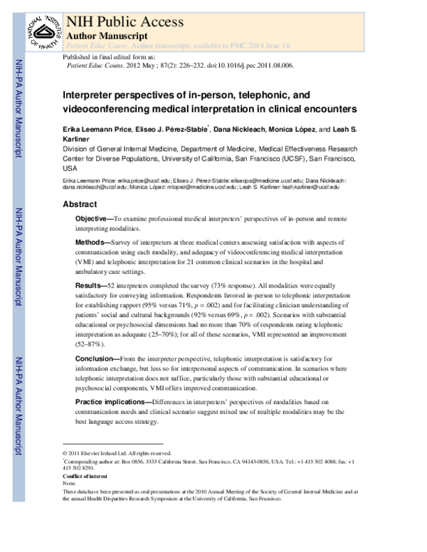 (PDF) Interpreter perspectives of in-person, telephonic, and ...