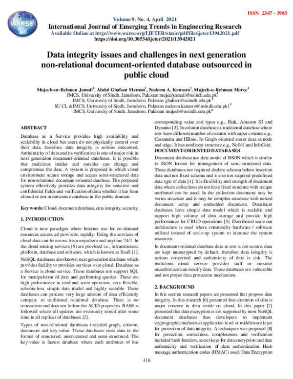 (PDF) Data integrity issues and challenges in next generation non-relational document-oriented ...