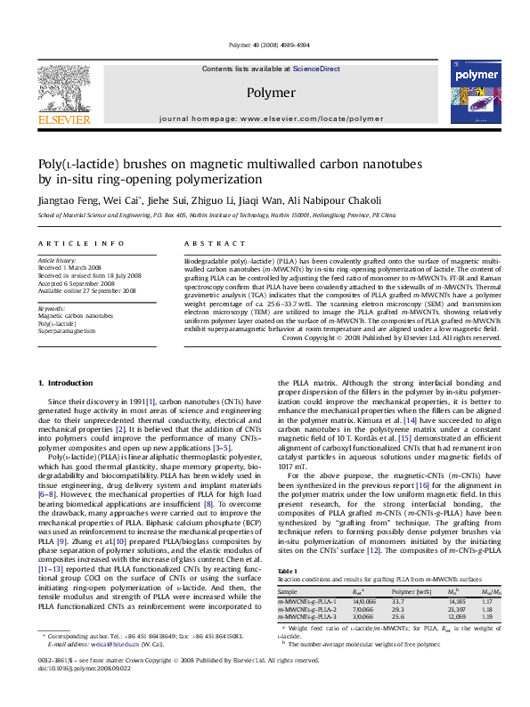 (PDF) Poly(l-lactide) brushes on magnetic multiwalled carbon nanotubes by in-situ ring-opening ...