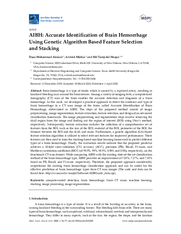 (PDF) AIBH: Accurate Identification of Brain Hemorrhage Using Genetic Algorithm Based Feature ...