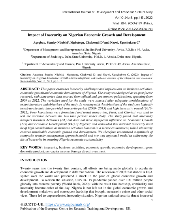 (PDF) Impact of Insecurity on Nigerian Economic Growth and Development