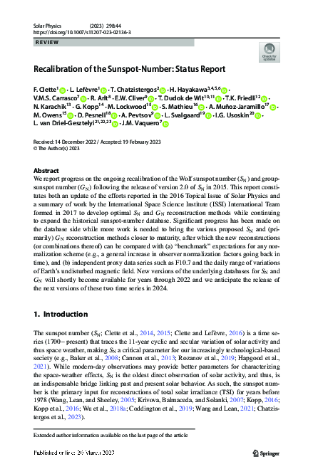 (PDF) Recalibration of the Sunspot-Number: Status Report
