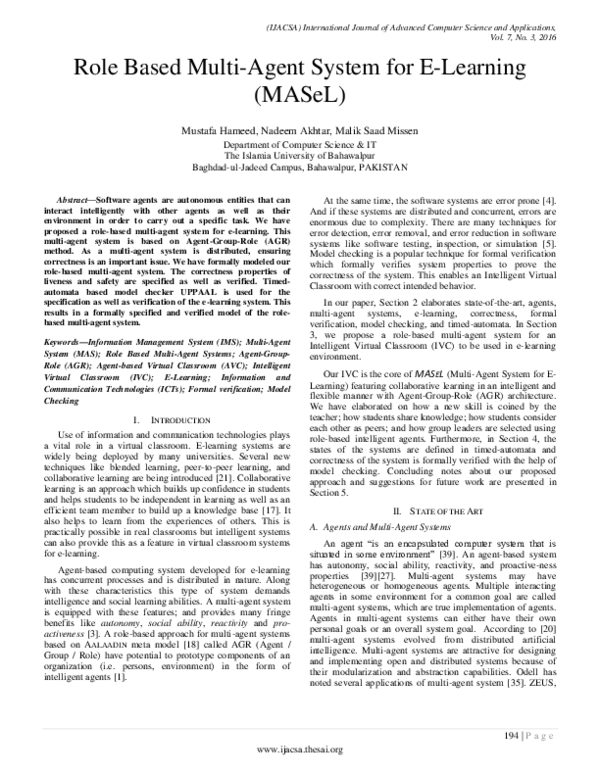 (PDF) Role Based Multi-Agent System for E-Learning (MASeL) | Mustafa Hameed - Academia.edu