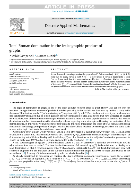 (PDF) Total Roman domination in the lexicographic product of graphs
