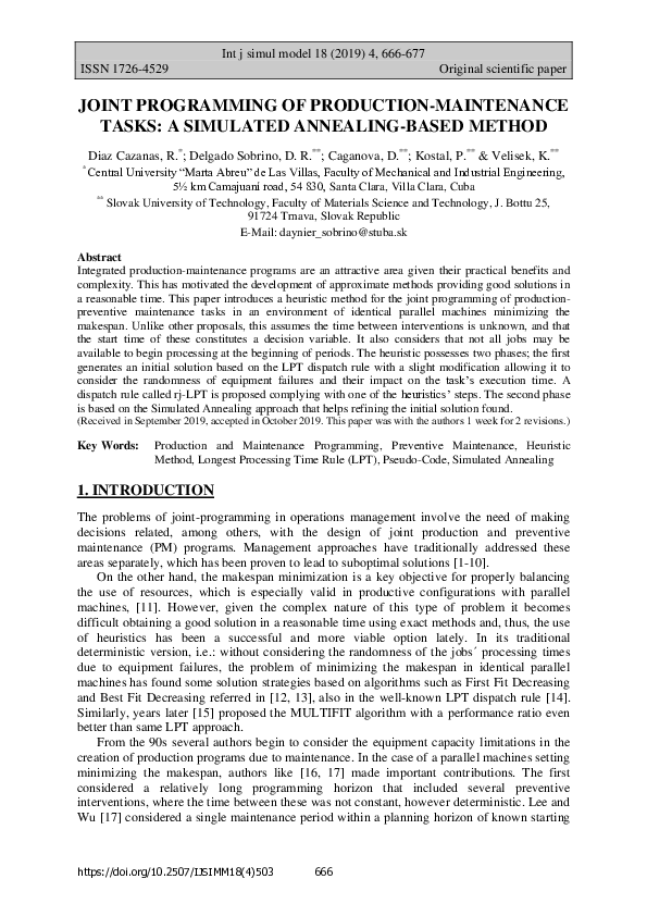 (PDF) Joint Programming of Production-Maintenance Tasks: a Simulated Annealing-Based Method