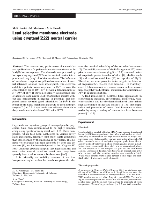 (PDF) Lead selective membrane electrode using cryptand(222) neutral ...