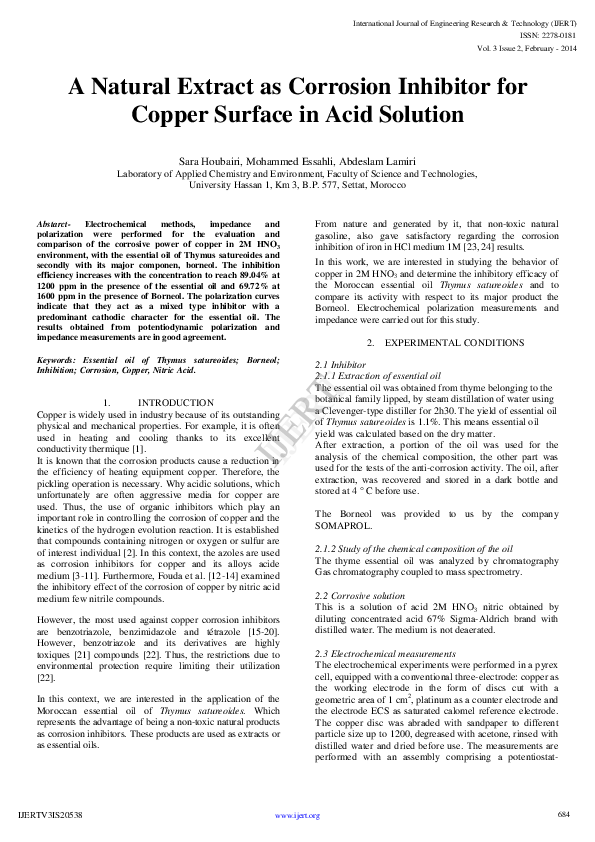 (PDF) A Natural Extract as Corrosion Inhibitor for Copper Surface in ...