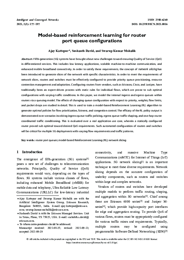 (PDF) Model-based reinforcement learning for router port queue configurations