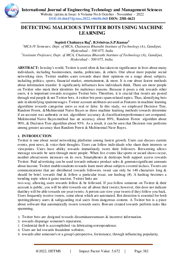 Pdf Detecting Malicious Twitter Bots Using Machine Learning